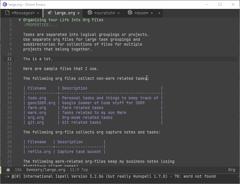 Visual indicators for misspelled words are not visible for "large" org-mode files when using ...