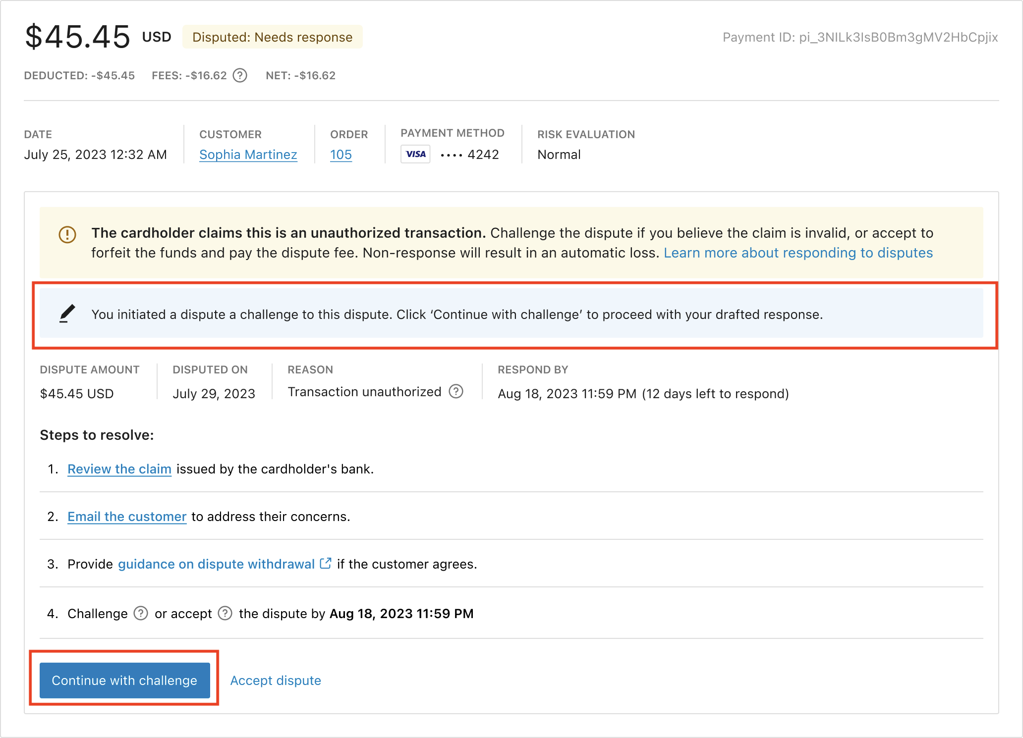 Transaction Details > Dispute Details – show draft dispute notice when challenge initiated ...