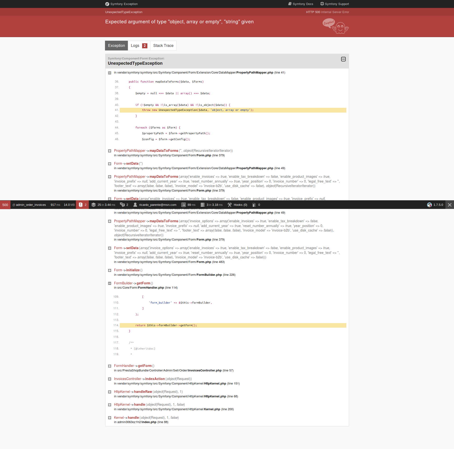 Admin Invoices - Expected argument of type "object, array or empty", "string" given · Issue ...