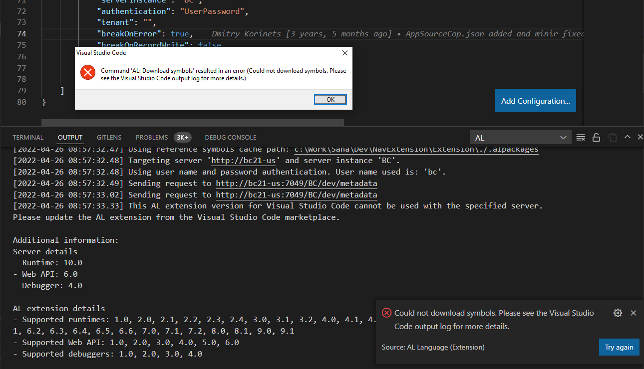 BC21 This AL extension version for Visual Studio Code cannot be used with the specified server ...