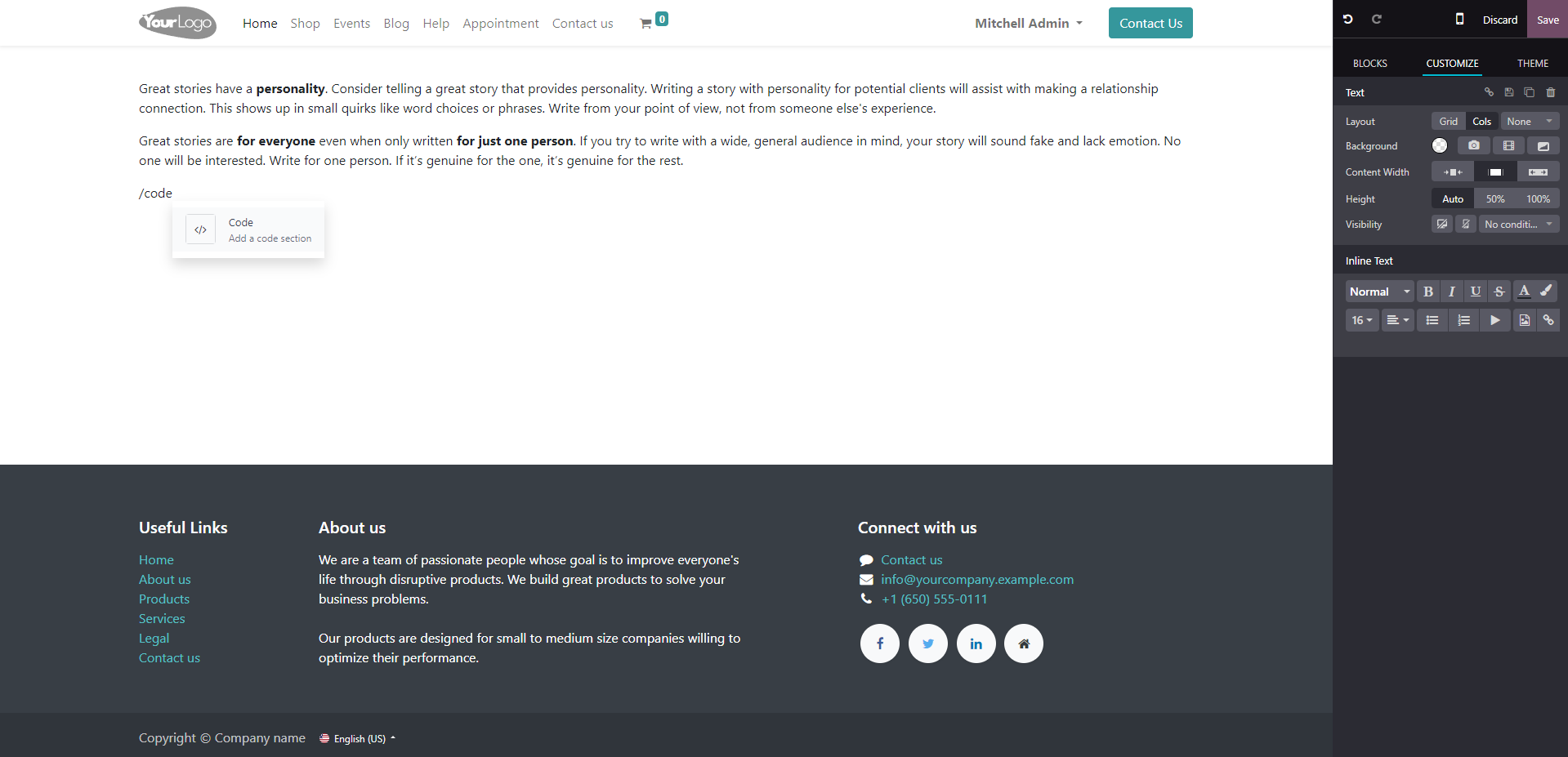 [16.0] incorrect behavior when pasting code in a code section in the website editor · Issue ...