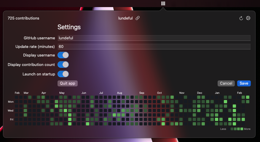 GitHub - Lundeful/ContributionCorner: MacOS menu bar app with GitHub contribution graph