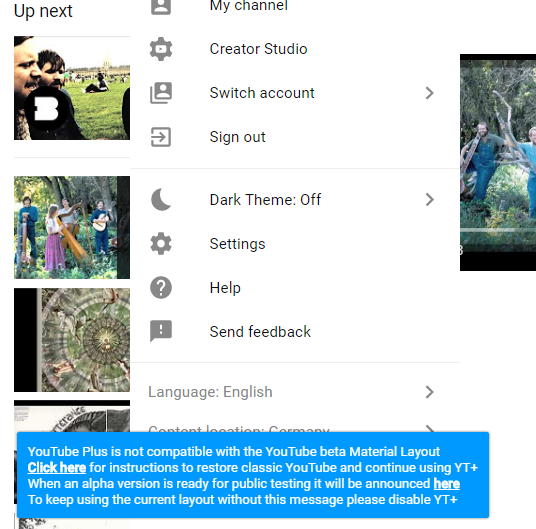 Blue warning box about new YT layout being incompatible with YT+ covers ...