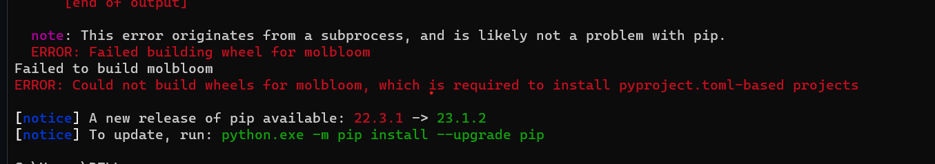 ERROR: Failed building wheel for molbloom · Issue #6 · ur-whitelab/chemcrow-public · GitHub