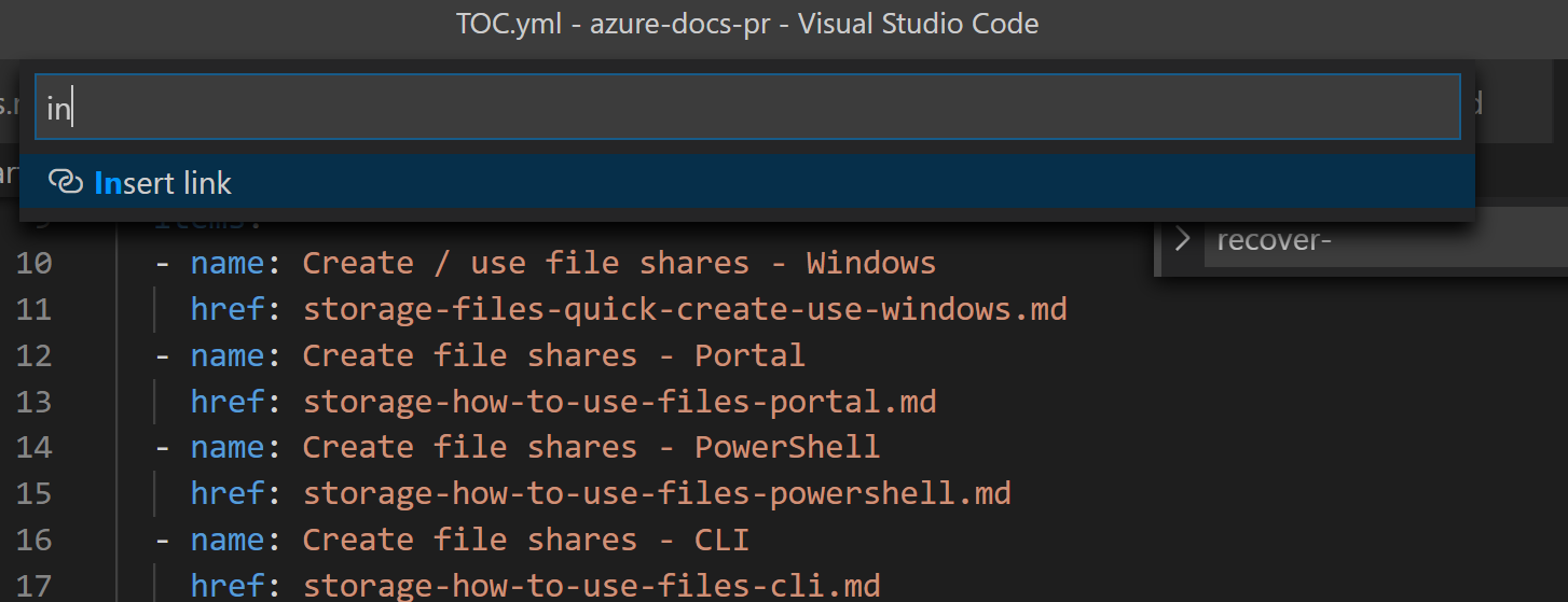 Insert link in TOC files no longer works · Issue #601 · microsoft/vscode-docs-authoring · GitHub