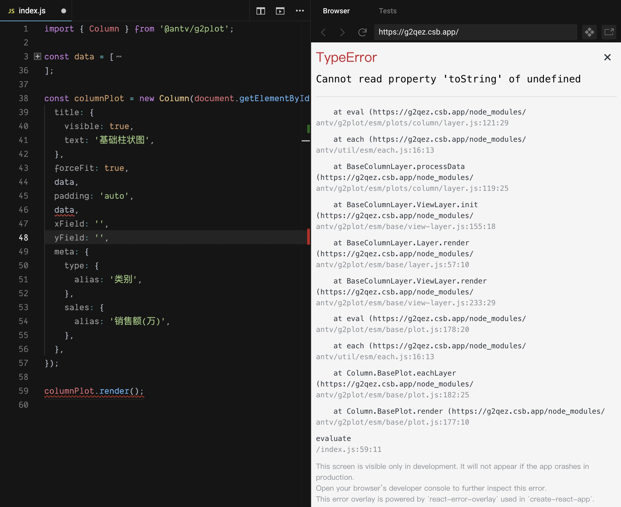 折线图的xField、yField为空时，和其他图表表现不一致 · Issue #1557 · antvis/G2Plot · GitHub