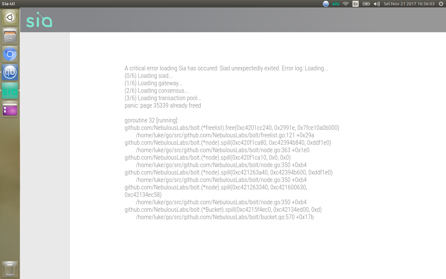 A critical error loading Sia has occured: Siad unexpectedly exited. Error log · Issue #734 ...