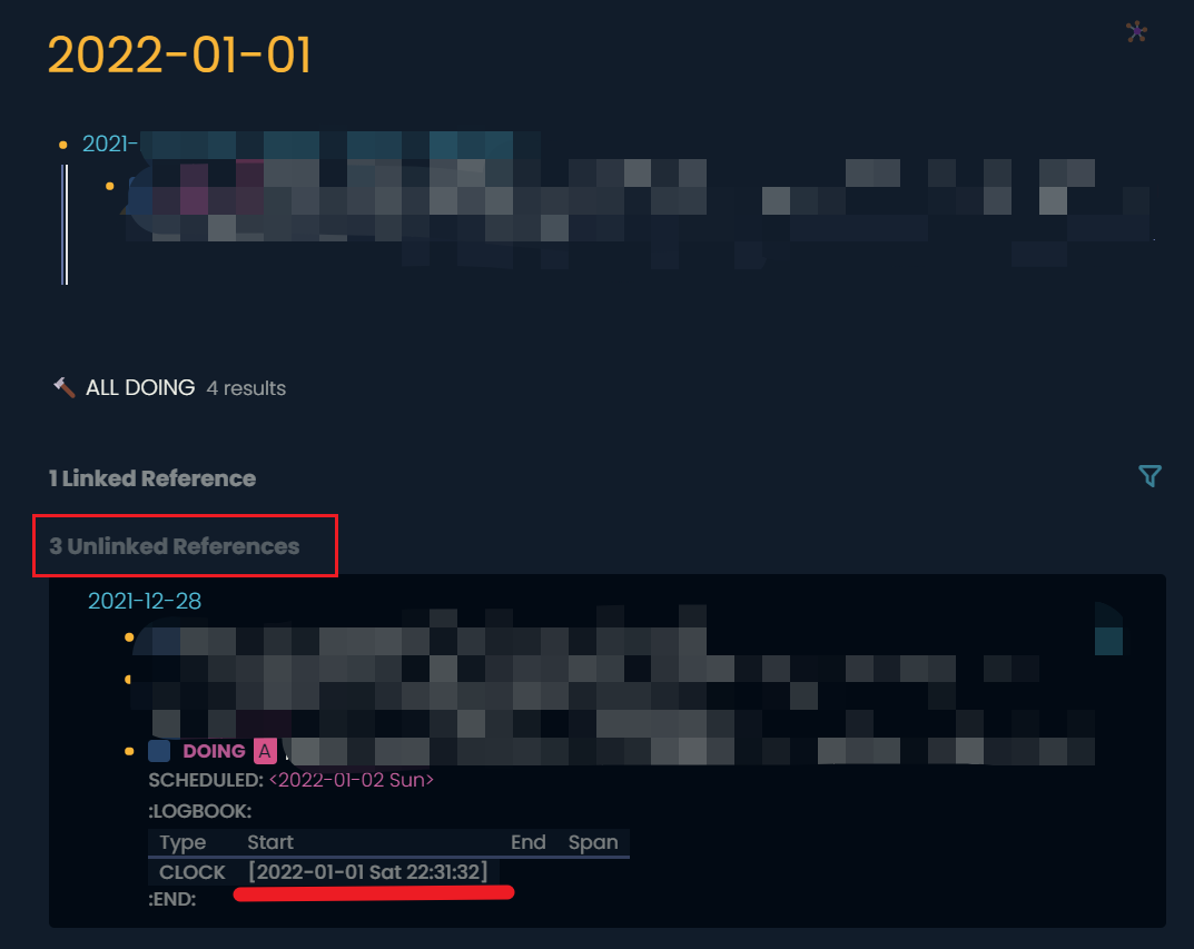 The "unlinked references" of daily note should not produced from the task bullet "log book ...