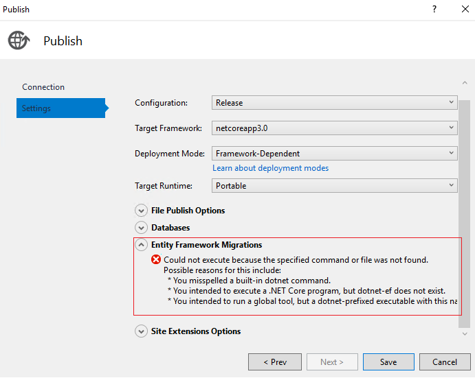 Update The Error Info Under Entity Framework Migrations Section In Publish Settings · Issue