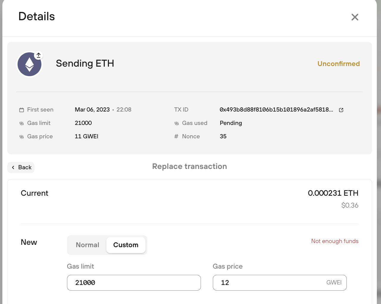 Unable to bump fee of ETH send transaction if BTC Satoshi units are ...