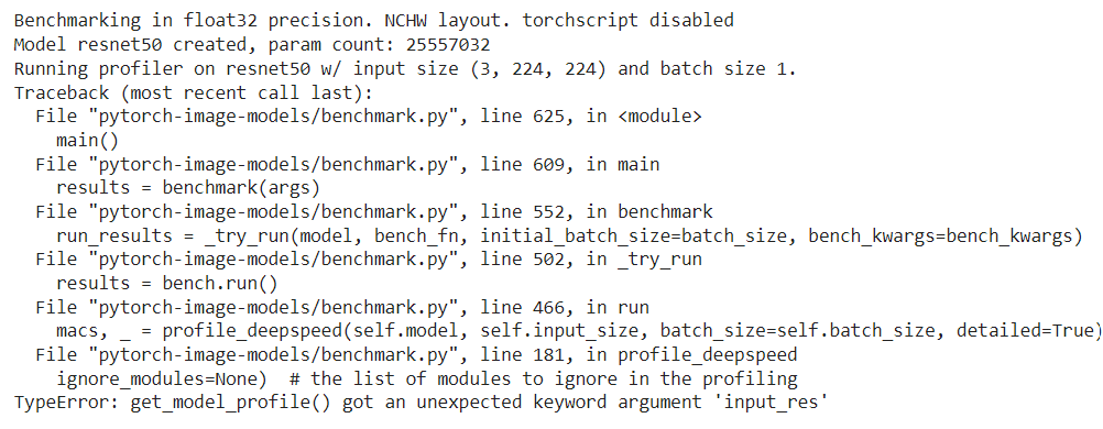 [BUG] Error in benchmarking using deepspeed profiler · Issue #1333 · huggingface/pytorch-image ...