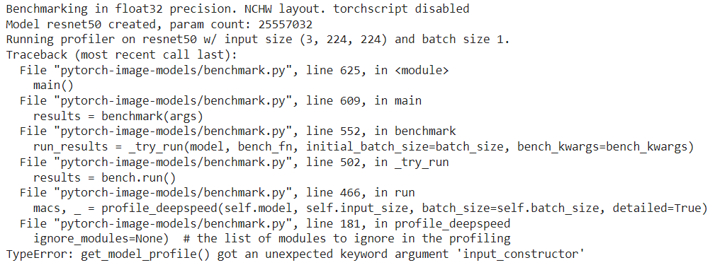 [BUG] Error in benchmarking using deepspeed profiler · Issue #1333 · huggingface/pytorch-image ...