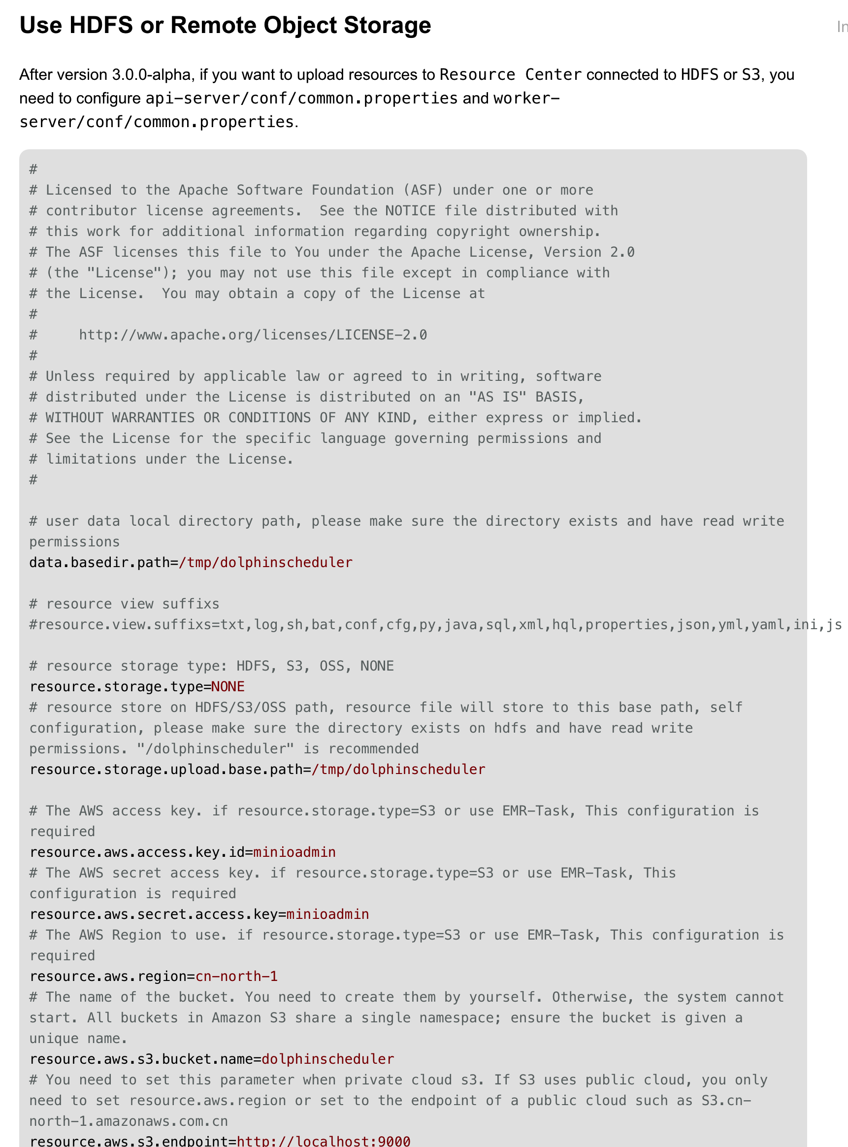 [improvement][doc] Update Resource S3 Configuration Docs · Issue 13984 · Apache