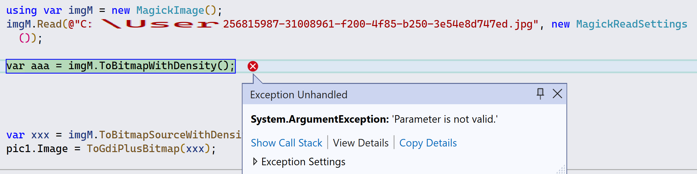 `MagickImage.ToBitmapWithDensity()` throws `Parameter is not valid` exception · Issue #1419 ...