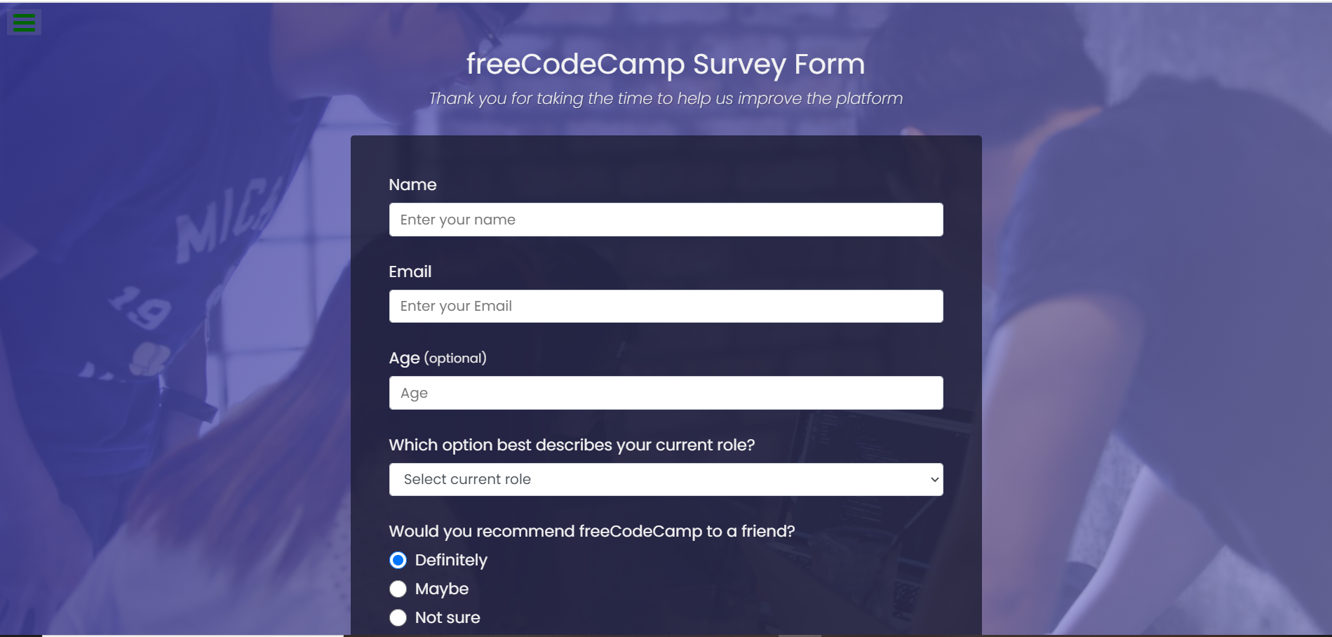 GitHub - ronaldorawat/FreeCodeCamp-Form: Submit Details Form
