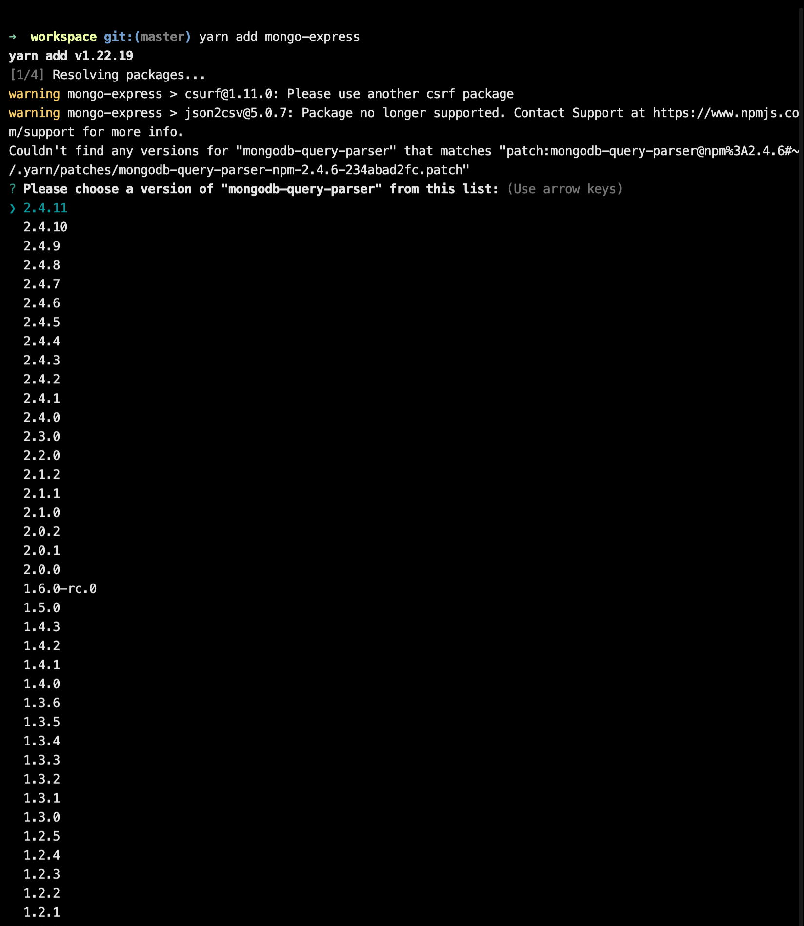 Unsupperted URL Type "mongodb-query-parser" patch error · Issue #1162 · mongo-express/mongo ...