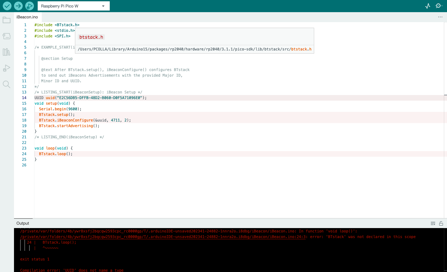 Core 3.1.1 BT examples aren't compiling on a Mac · Issue #1417 · earlephilhower/arduino-pico ...