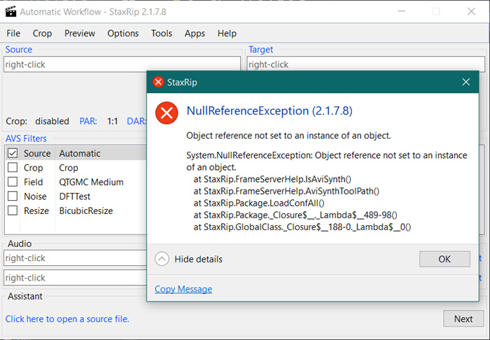 2.1.7.8: First time launch pops up an error · Issue #490 · staxrip/staxrip · GitHub