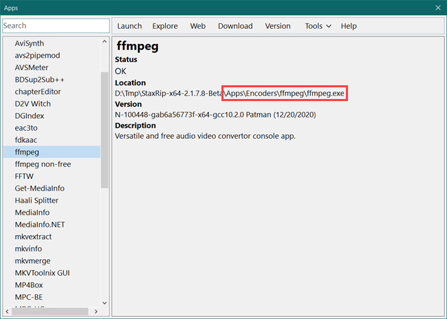2.1.7.8: 'Use installed directly' (for frameserver) does not move ffmpeg.exe to a separate ...