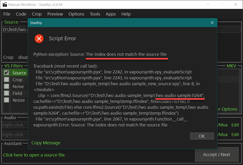 Demuxed video elementary streams should not be the %source_file% for ffms2 source filters in ...