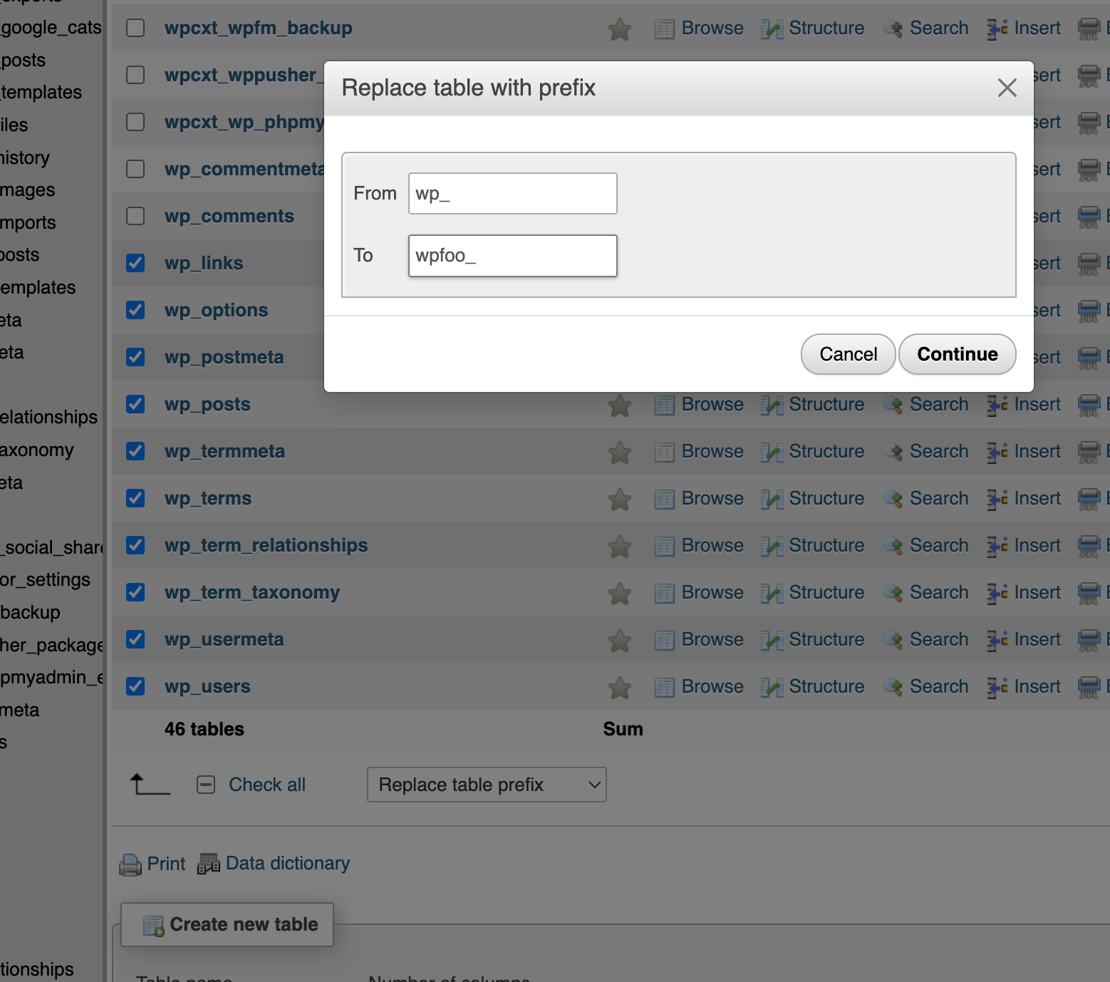 "Replace table prefix" does nothing · Issue #18122 · phpmyadmin/phpmyadmin · GitHub