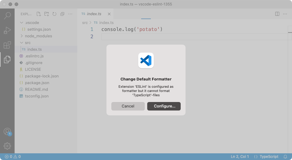 ESLint can't be used as a formatter until the ESLint server is fully ...
