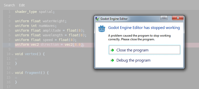 RC2 Editor crash after defining value of uniform vec2 in shader · Issue #15962 · godotengine ...