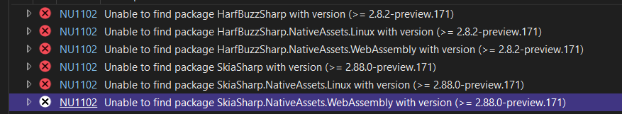 [RC-only] NU1102 Unable to find package SkiaSharp with version (>= 2.88.0-preview.171) · Issue ...