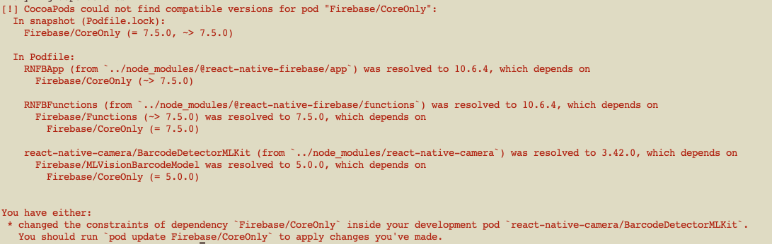 Cocoapods Could Not Find Compatible Versions For Pod Firebasecoreonly With React Native