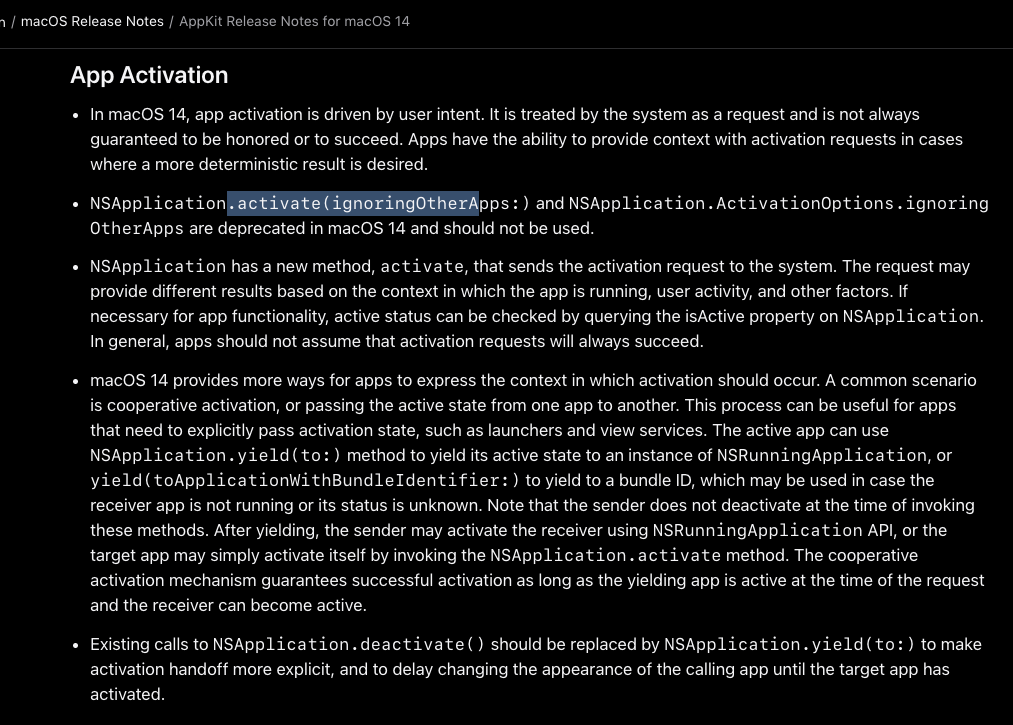 NSApp.activate(ignoringOtherApps: true) is deprecated. · Issue #102 · sindresorhus/Settings · GitHub
