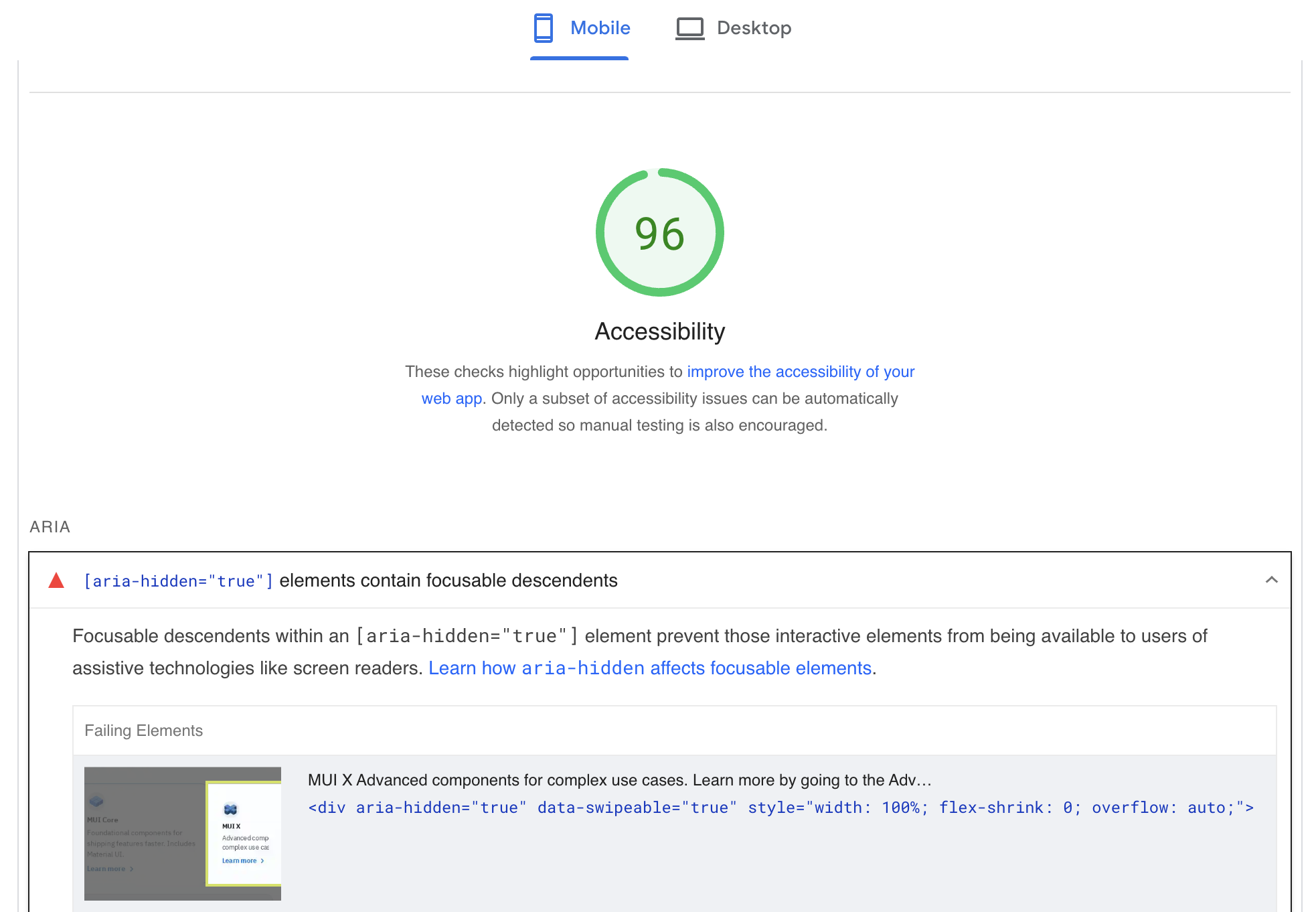 Attribute aria-hidden="true" on unfocused tabs is lowering Lighthouse accessibility score ...