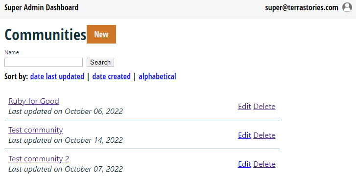 [Rails] Create sort element to allow super-admin to sort communities by last updated, date ...