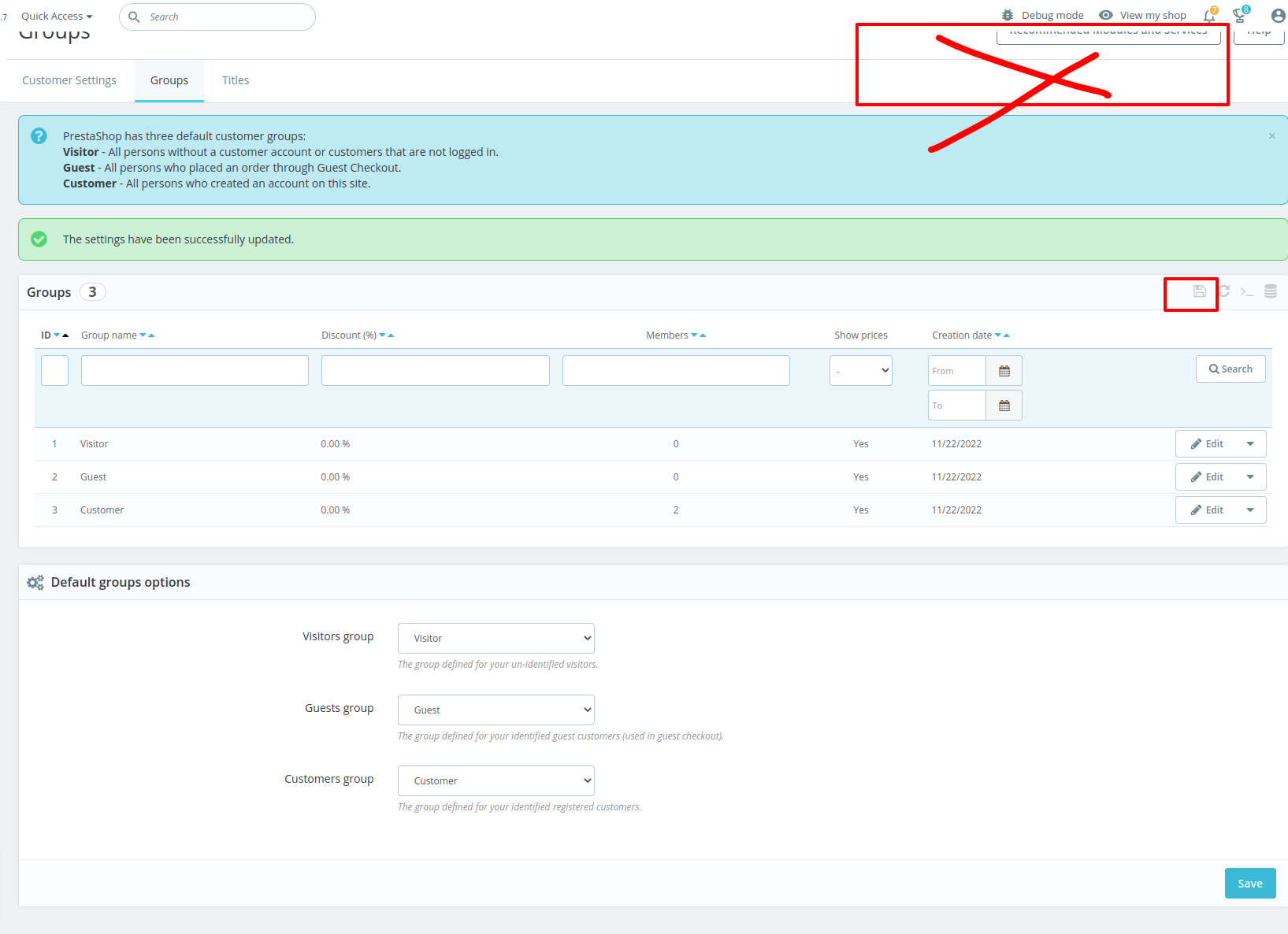 Customer Groups - Can't add a new customer group when saving Default groups options · Issue ...