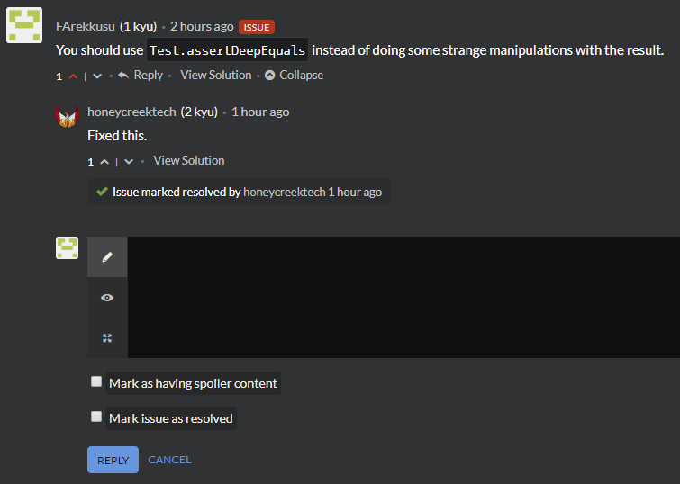 Issue wasn't resolved despite checking the "mark as resolved" box · Issue #1648 · codewars ...