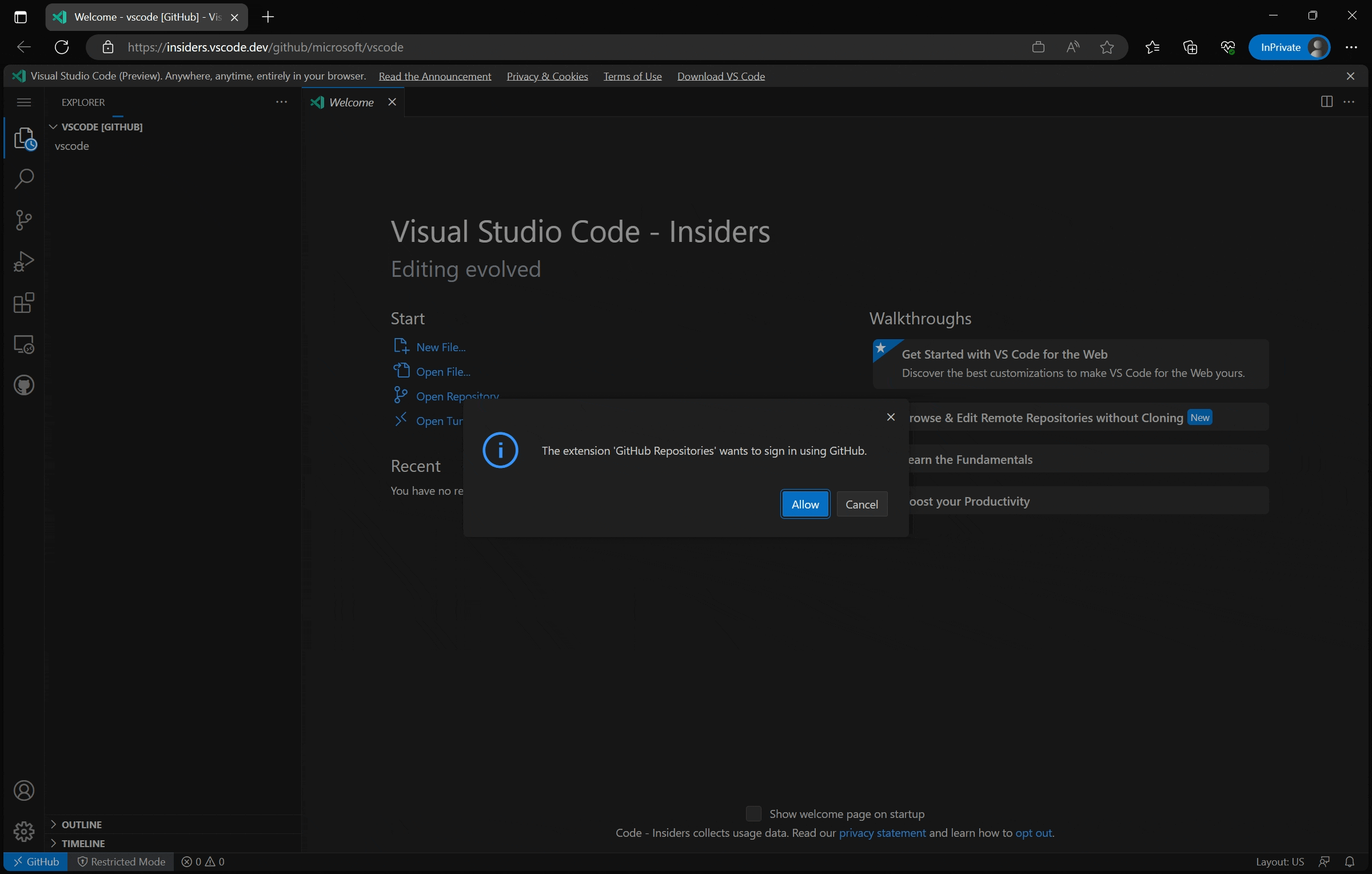 Infinite modal from vscode.dev · Issue #186453 · microsoft/vscode · GitHub