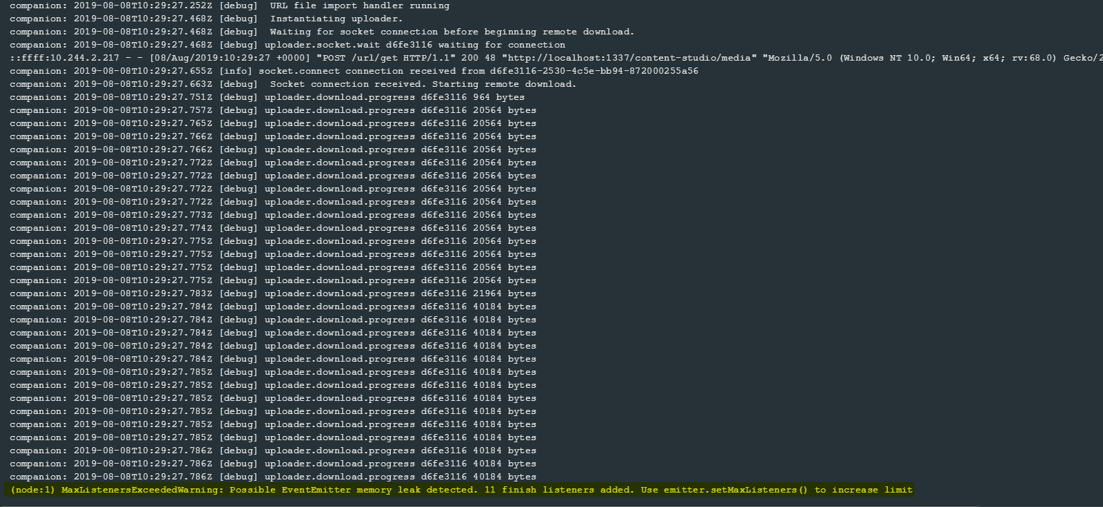 Companion: MaxListenersExceededWarning when attempting to upload from URL · Issue #1774 ...