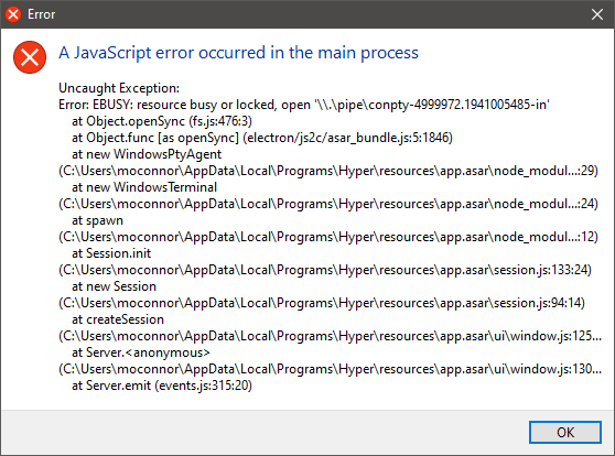 Native exception when launching conpty: EBUSY: resource busy or locked ...