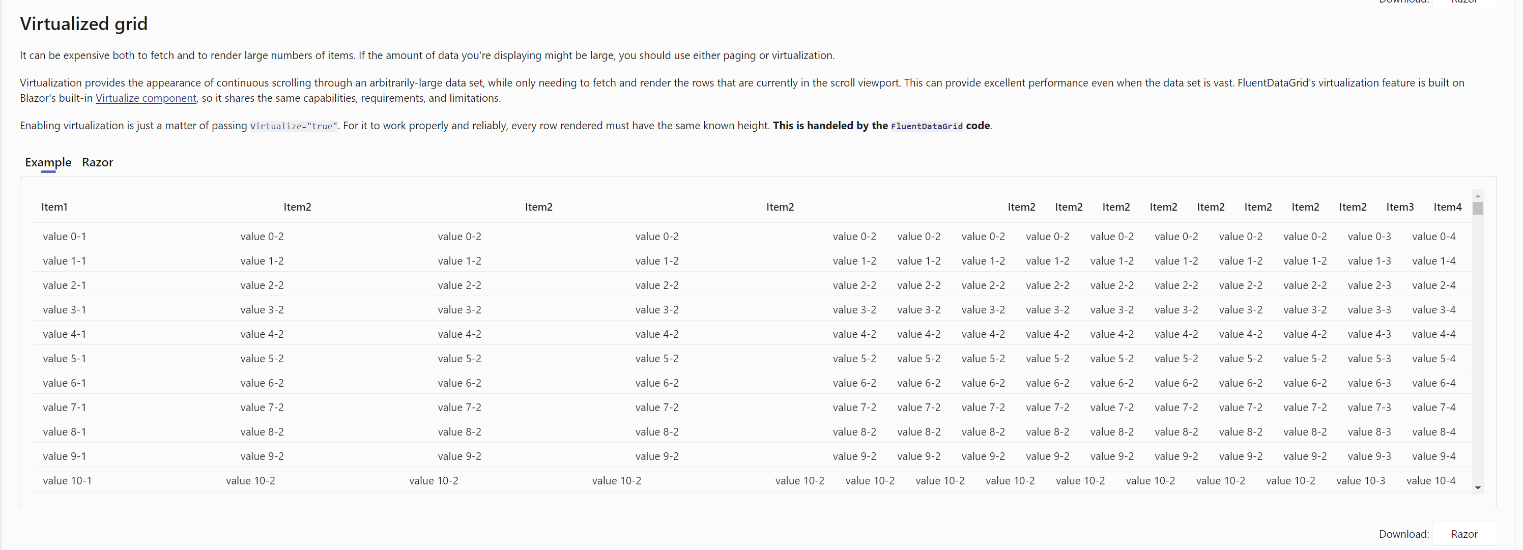 Virtualized gird can't not show too many columns · Issue #416 · BlazorFluentUI/BlazorFluentUI ...