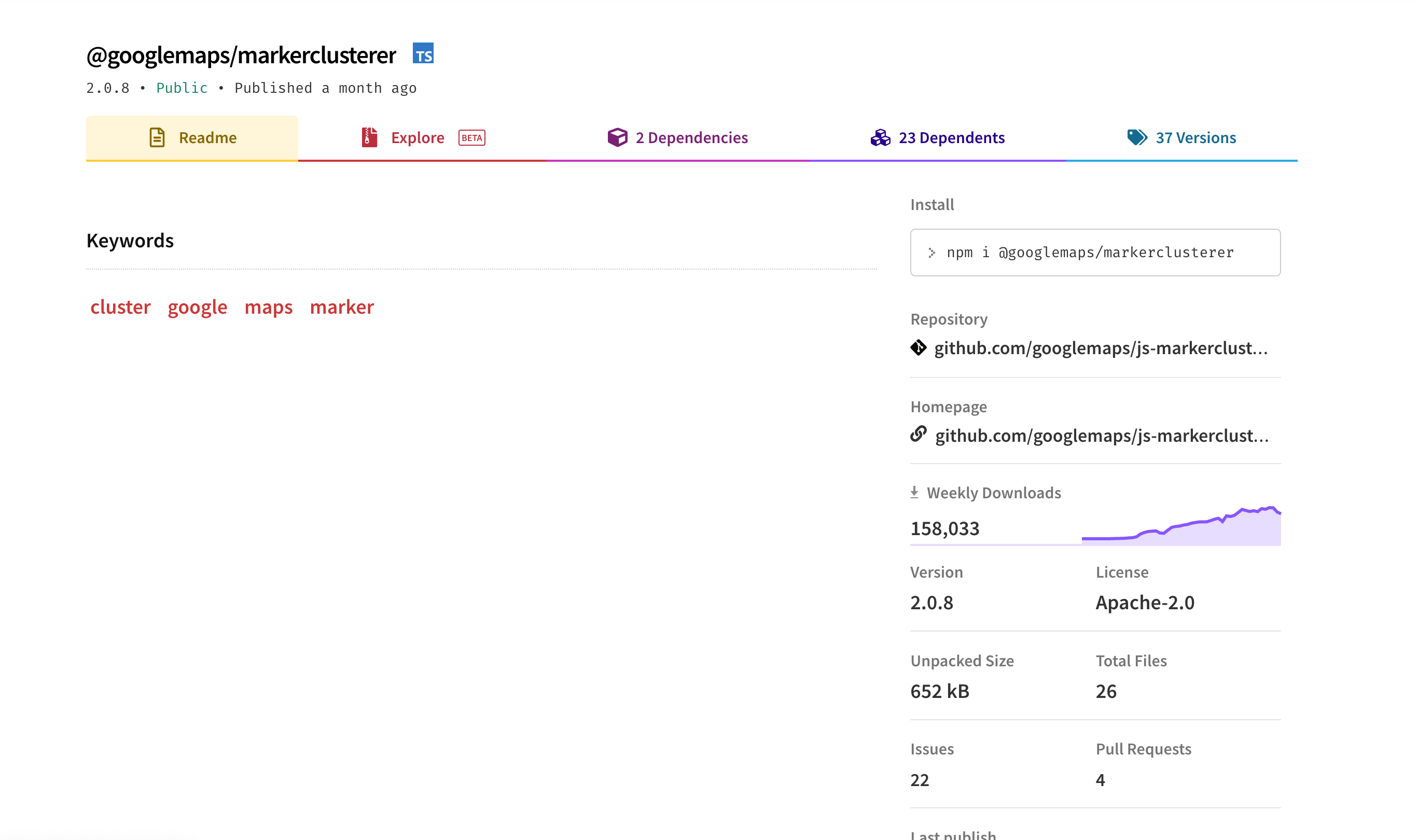 New version still has not yet been published on NPM · Issue #408 · googlemaps/js-markerclusterer ...