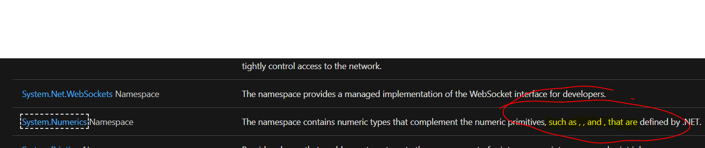 The description for the System.Numerics namespace on the MS documentation is incorrect/displays ...