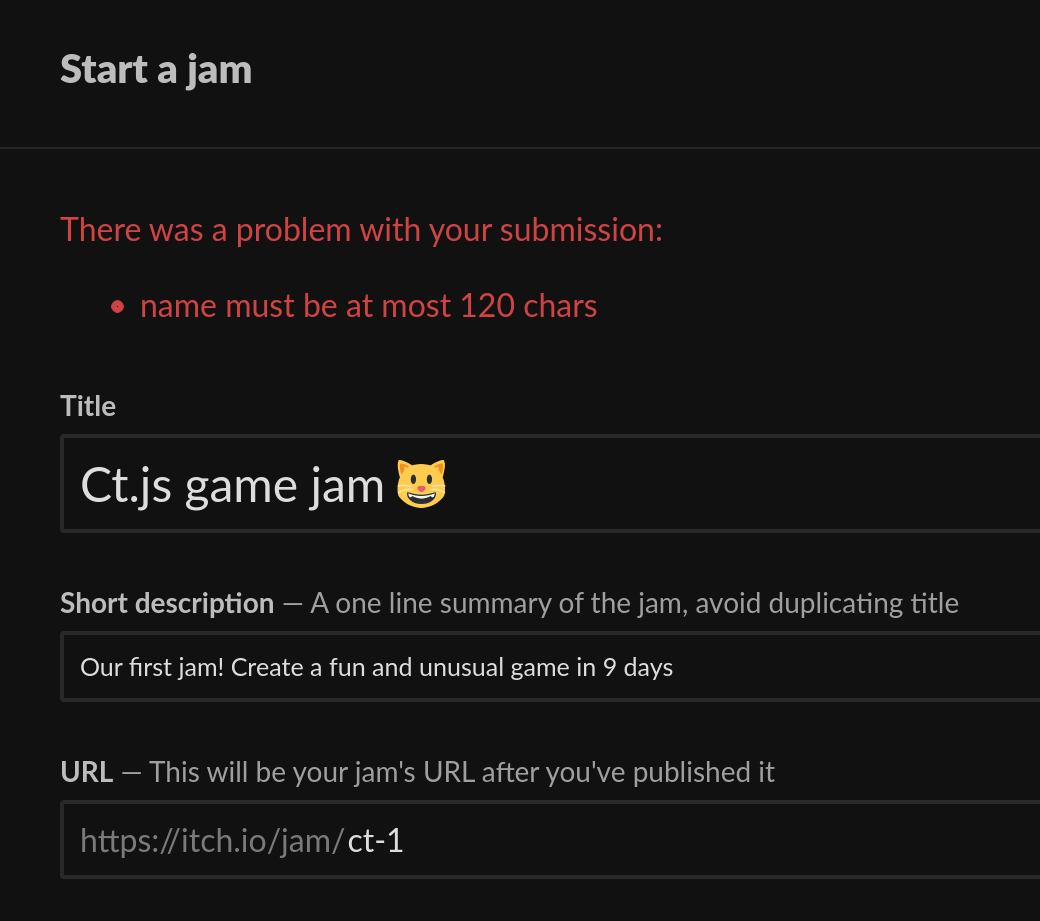 Bug: While creating a game jam, getting a validation error still ...