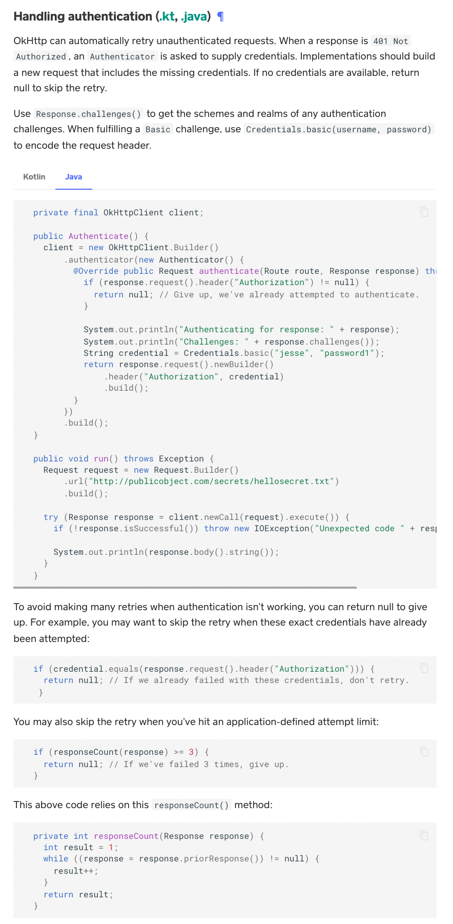 Kotlin code sample missing for Authenticator in Recipes section · Issue ...