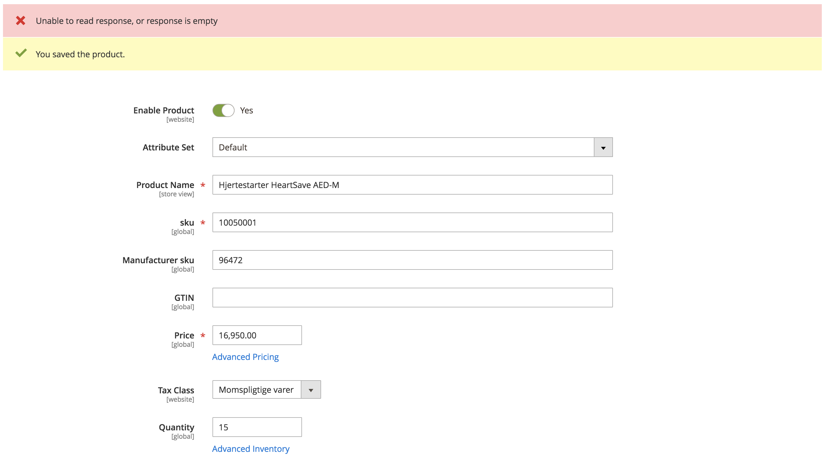 Unable to read response, or response is empty when "Save product", "Save product & duplicate ...