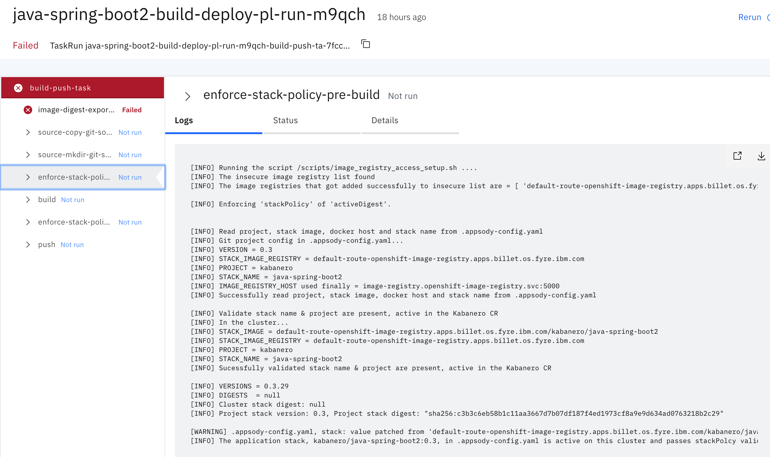 Pipelinerun fails enforce-stack-policy-post-build step using internal registry · Issue #378 ...