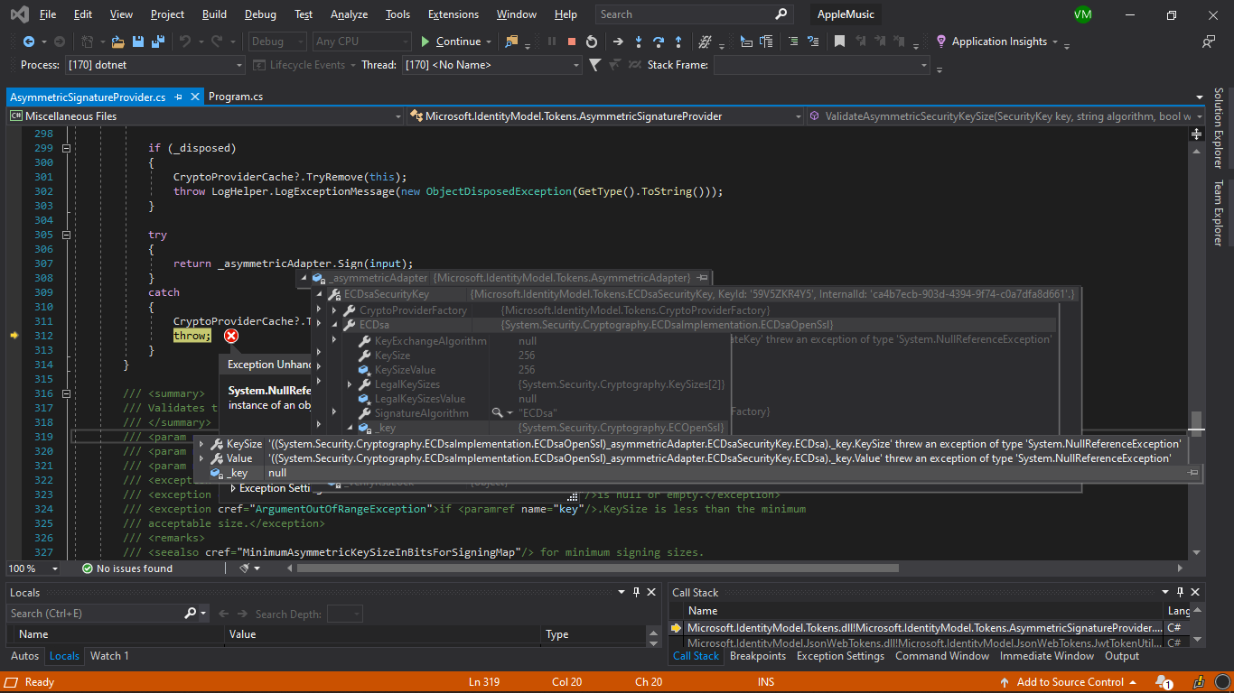 System.Security.Cryptography. ECDsaOpenSsl throw NullReferenceException after using construction ...