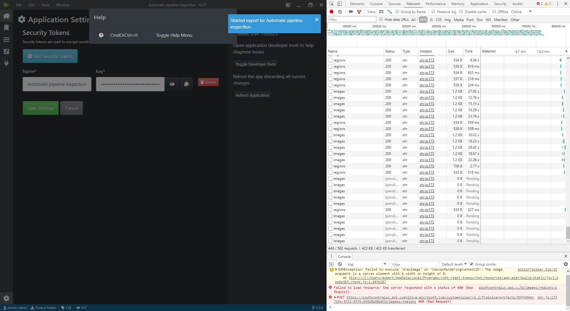 clicking help button while viewing settings page and dev toolbar is open, the help lightbox ...