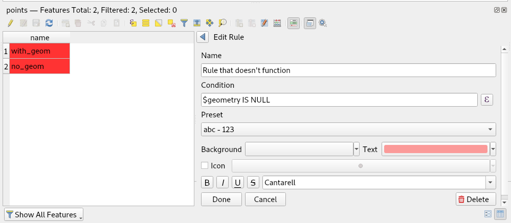 Attribute Table Conditional Formatting When Using Geometry Is Null