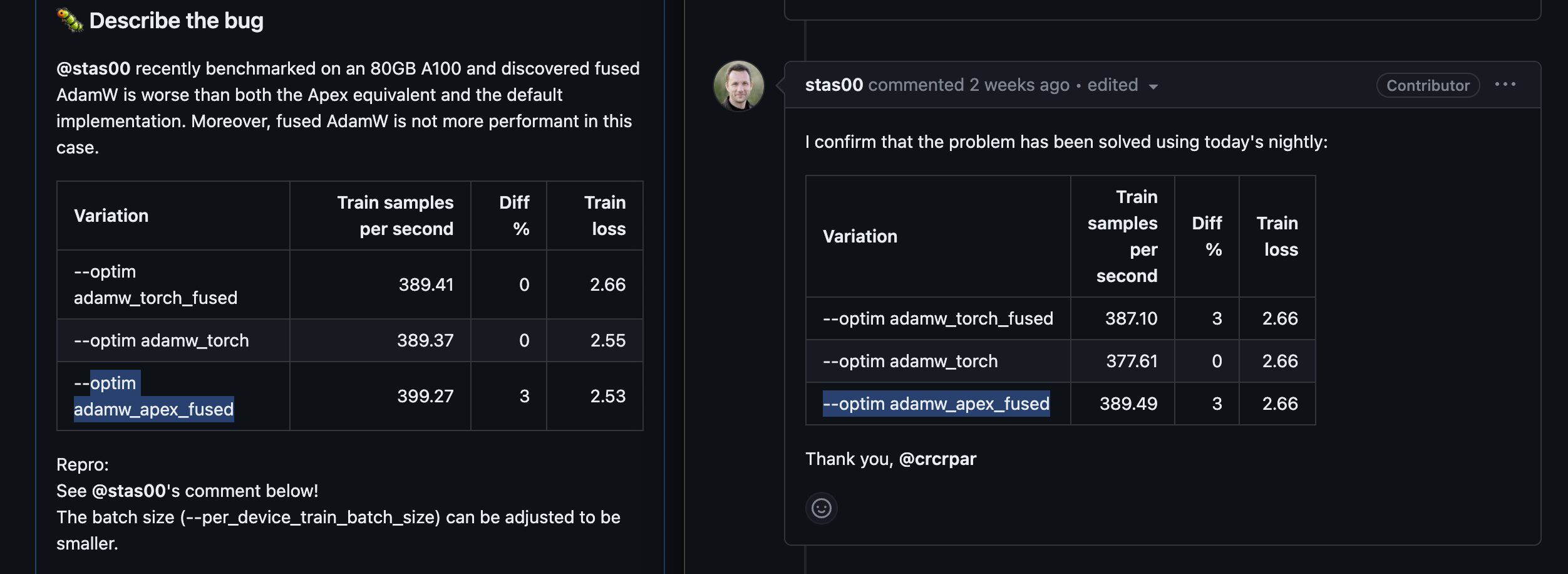 Fused AdamW has worse loss than Apex and unfused AdamW for fp16/AMP · Issue #96755 · pytorch ...