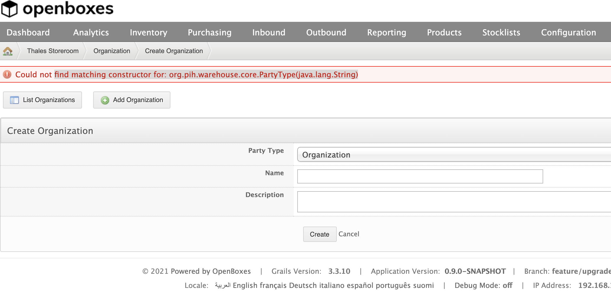 Add Organization has a warning "Could not find matching constructor for: org.pih.warehouse.core ...