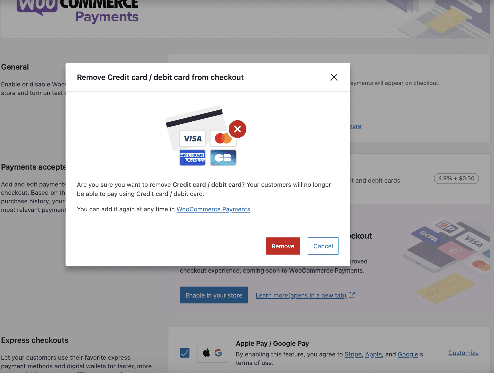 Unchecking Credit card / debit card in Payments accepted on checkout ...